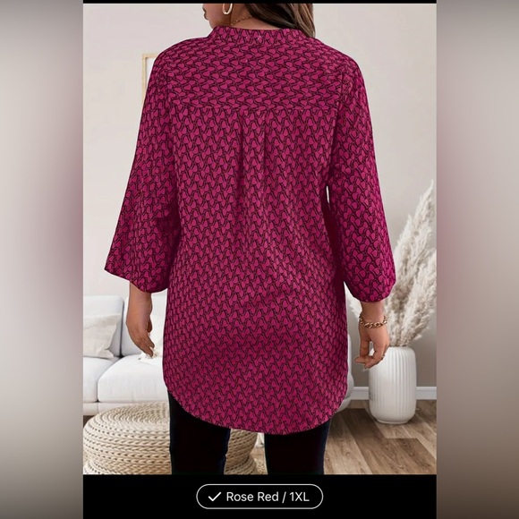 Temu | Tops | Casual Blouse Allover Print Roll Up Sleeve Notched Neck ...
